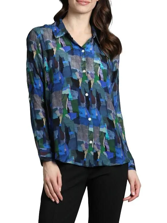 APNY Abstract Print Roll Tab Sleeve Chiffon Button-up Shirt - Blue/green Multi
