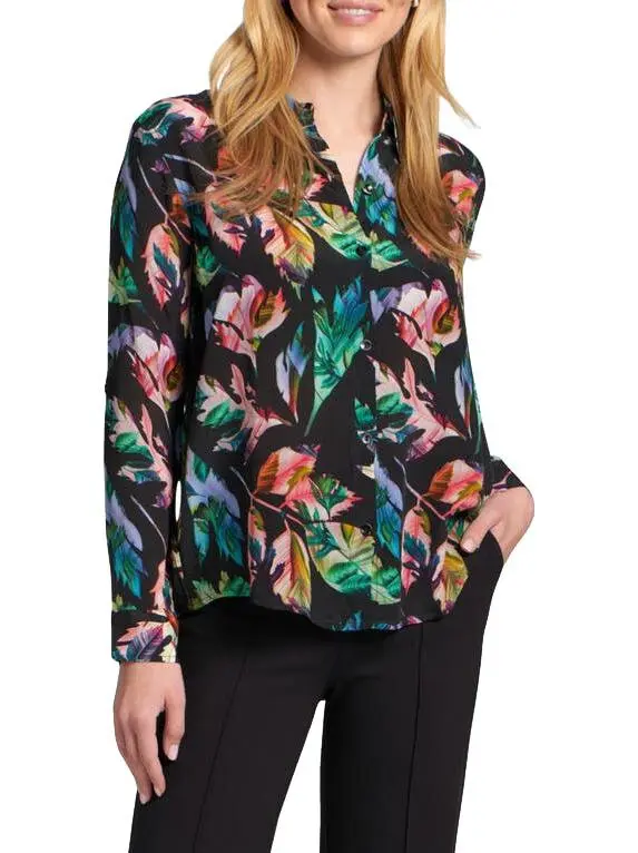 APNY Abstract Print Roll Tab Sleeve Chiffon Button-up Shirt - Emerald Green Multi