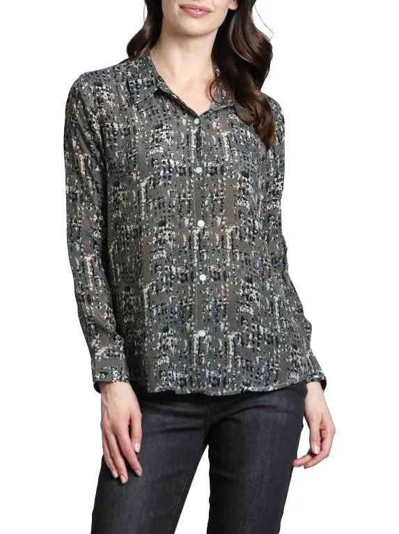 APNY Abstract Print Roll Tab Sleeve Chiffon Button-up Shirt - Grey Multi