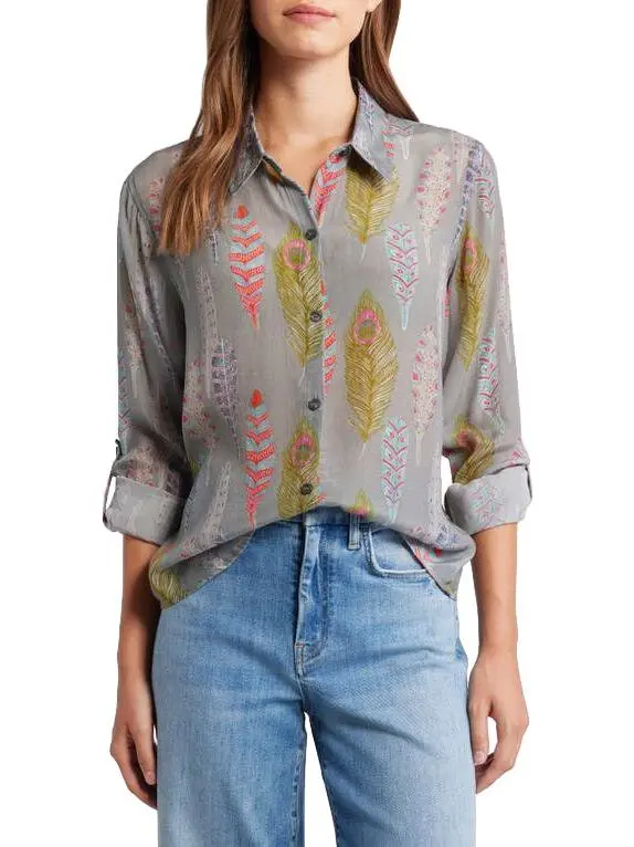 APNY Abstract Print Roll Tab Sleeve Chiffon Button-up Shirt - Grey Multi