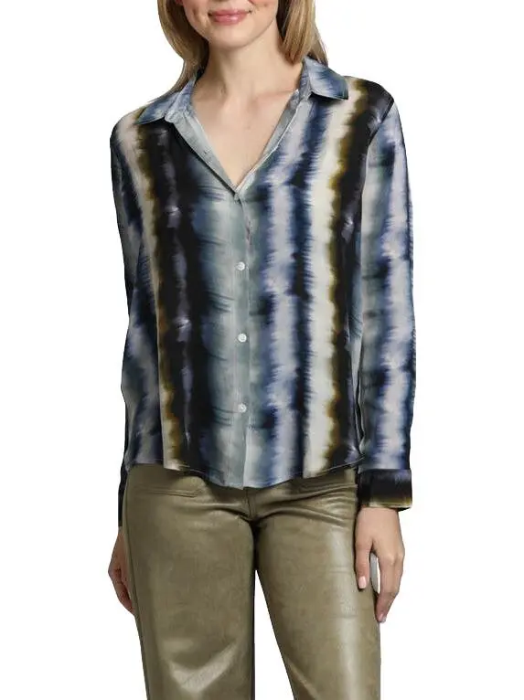 APNY Abstract Print Roll Tab Sleeve Chiffon Button-up Shirt - Grey/blue Multi