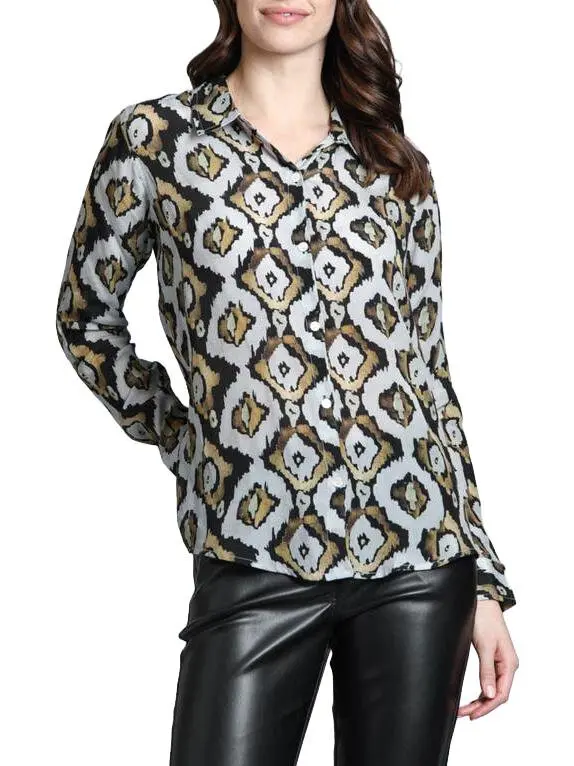 APNY Abstract Print Roll Tab Sleeve Chiffon Button-up Shirt - Grey/gold Multi