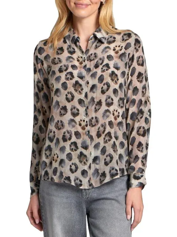 APNY Abstract Print Roll Tab Sleeve Chiffon Button-up Shirt - Latte Multi