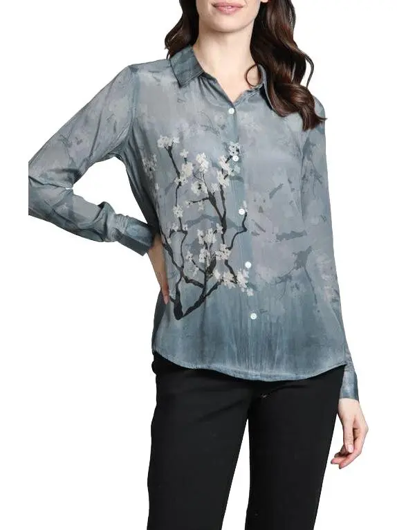 APNY Abstract Print Roll Tab Sleeve Chiffon Button-up Shirt - Light Grey