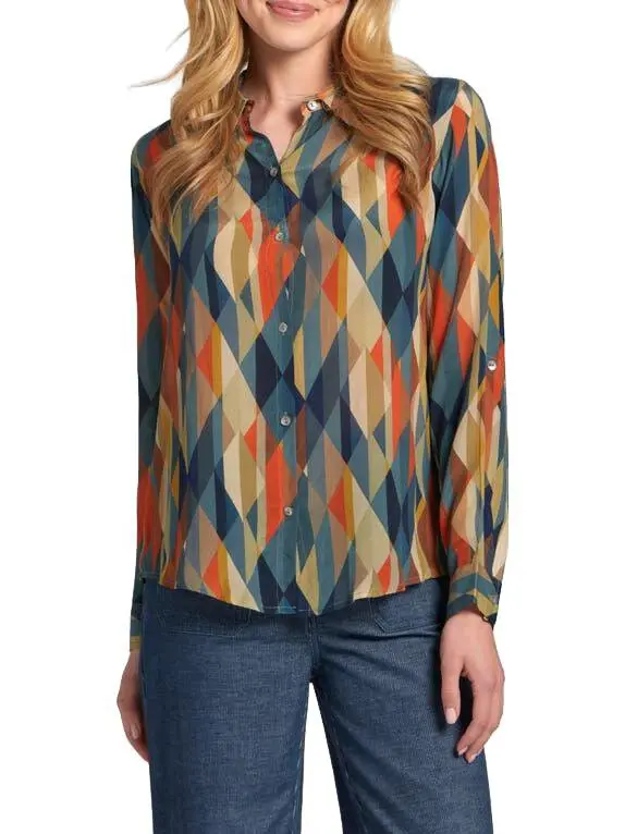 APNY Abstract Print Roll Tab Sleeve Chiffon Button-up Shirt - Navy Multi