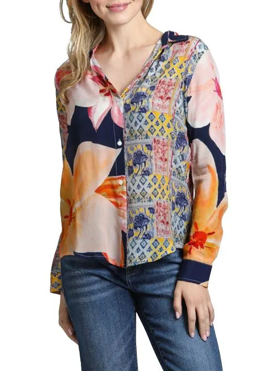 APNY Abstract Print Roll Tab Sleeve Chiffon Button-up Shirt - Orange/navy Multi
