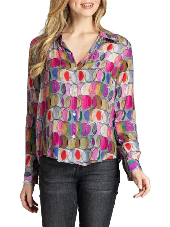 APNY Abstract Print Roll Tab Sleeve Chiffon Button-up Shirt - Purple Multi
