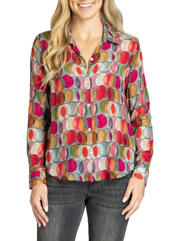 APNY Abstract Print Roll Tab Sleeve Chiffon Button-up Shirt - Red Multi