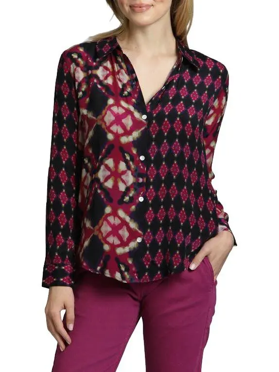APNY Abstract Print Roll Tab Sleeve Chiffon Button-up Shirt - Red/pink Multi