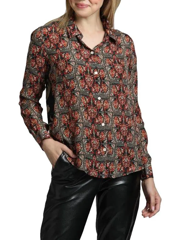 APNY Abstract Print Roll Tab Sleeve Chiffon Button-up Shirt - Red/yellow Multi