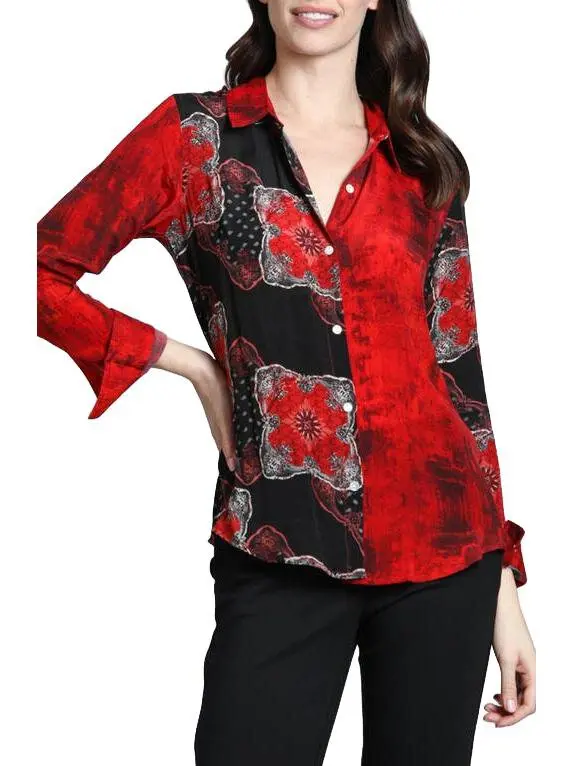 APNY Abstract Print Roll Tab Sleeve Chiffon Button-up Shirt - Rust Multi