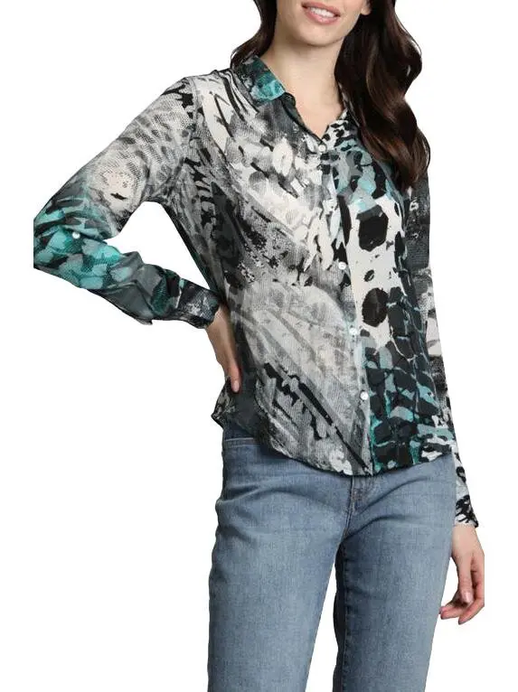 APNY Abstract Print Roll Tab Sleeve Chiffon Button-up Shirt - Teal/grey Multi