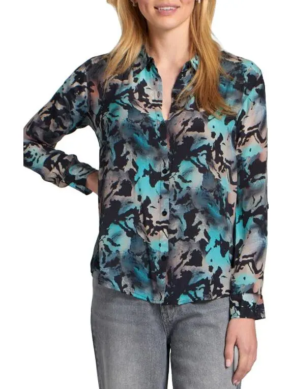 APNY Abstract Print Roll Tab Sleeve Chiffon Button-up Shirt - Turquoise Abstract Multi