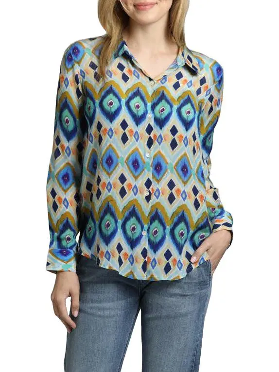 APNY Abstract Print Roll Tab Sleeve Chiffon Button-up Shirt - Turquoise Multi