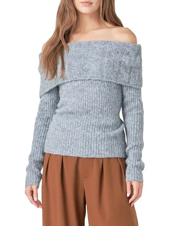 Endless Rose Off-the-shoulder Ribbed Sweater - Heather Grey