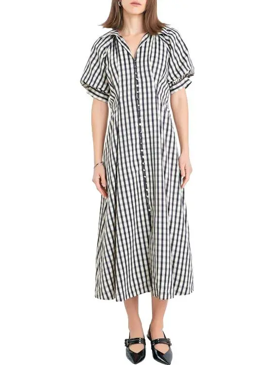 English Factory Gingham Puff Sleeve Midi Shirtdress - Black Multi