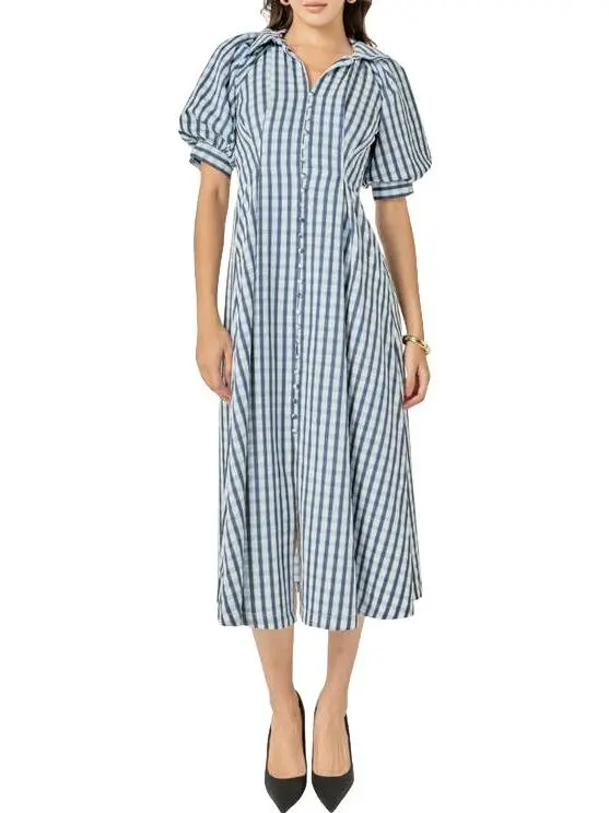 English Factory Gingham Puff Sleeve Midi Shirtdress - Blue Multi