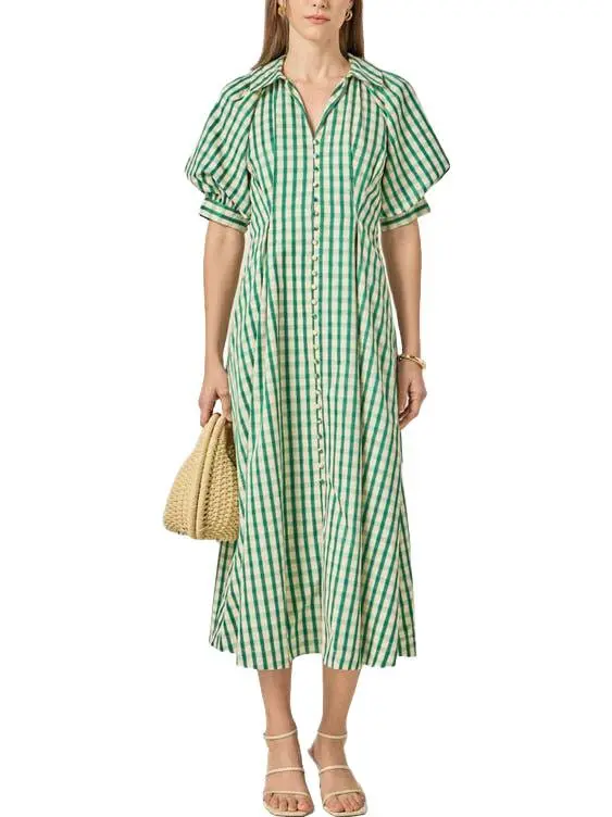 English Factory Gingham Puff Sleeve Midi Shirtdress - Green