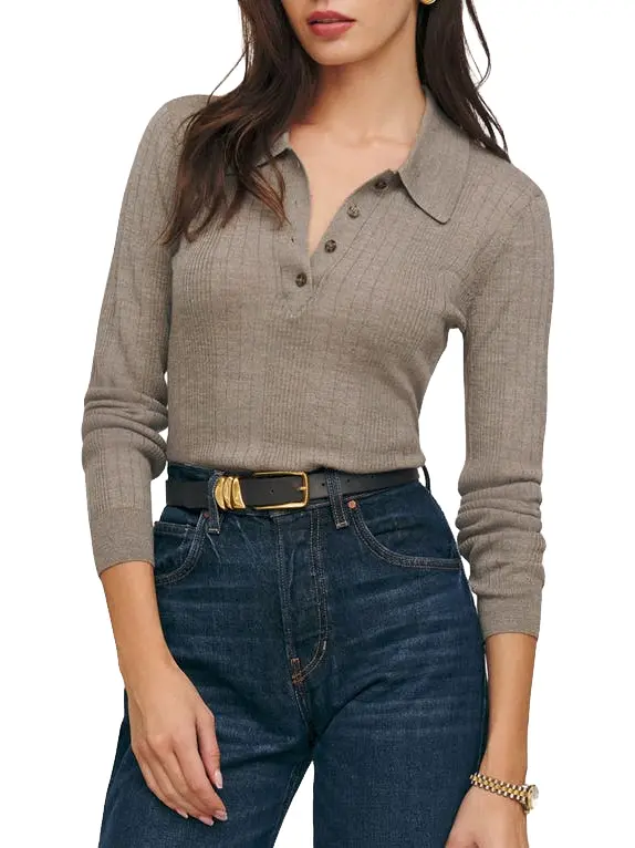 REFORMATION Hermia Rib Wool Polo Top - Oatmeal