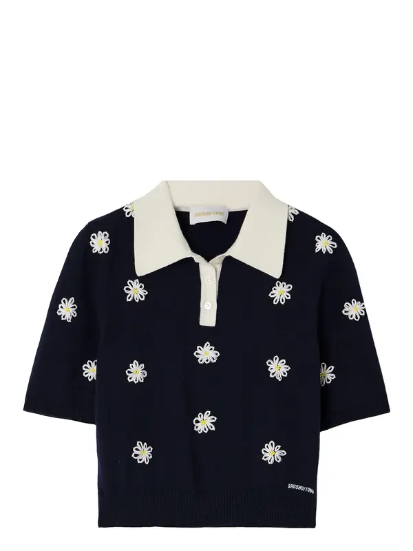 SHUSHU/TONG Cropped Embroidered Knitted Polo Shirt - Blue