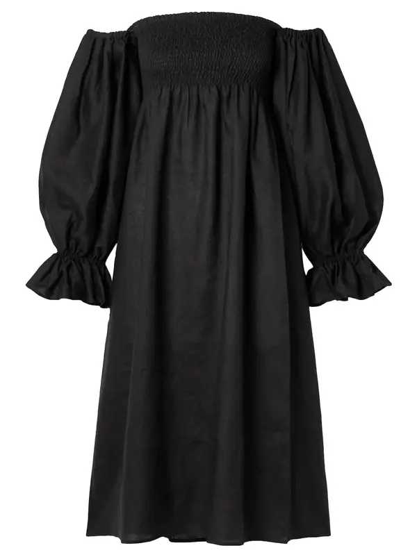 Sleeper Net Sustain Atlanta Off-the-shoulder Shirred Linen Midi Dress - Black