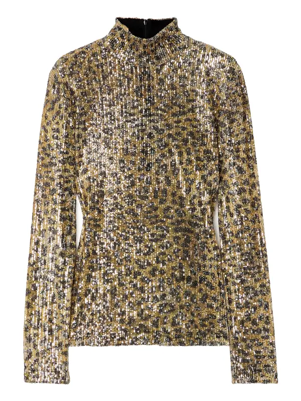 AZ FACTORY Romy Sequin-embellished Leopard-print Mesh Turtleneck Top - Multi