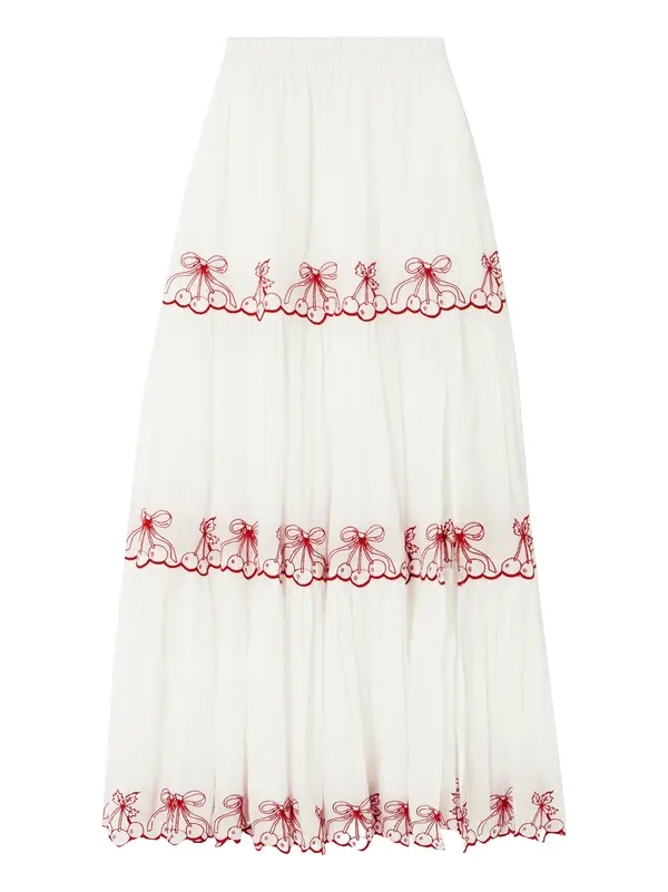 LoveShackFancy Jemila Tiered Embroidered Cotton Maxi Skirt - White