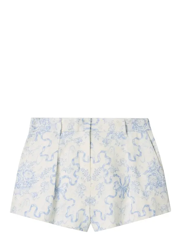 LoveShackFancy Lacette Pleated Printed Linen Shorts - Blue