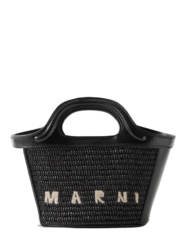 Marni Tropicalia Micro Leather And Embroidered Raffia-like Tote - Black