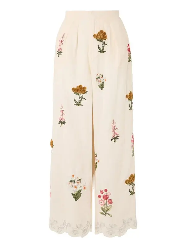 Agua Bendita Piñon Prado Embroidered Linen Wide-leg Pants - Neutrals