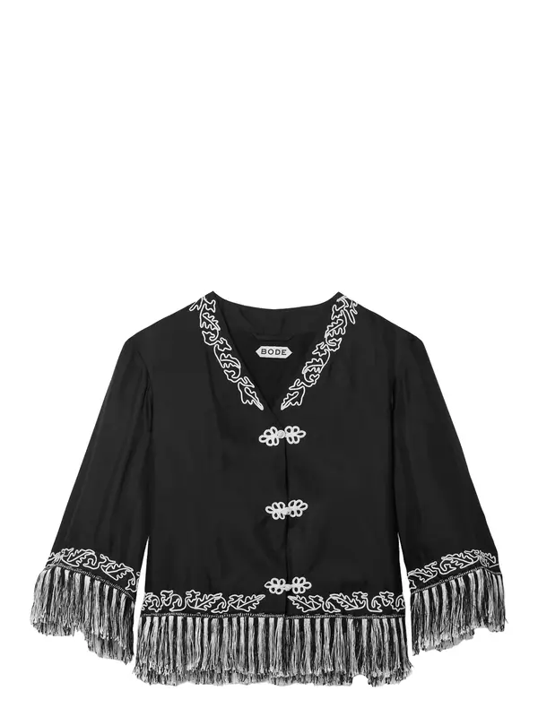 BODE Grenier Fringed Embroidered Silk-twill Jacket - Black