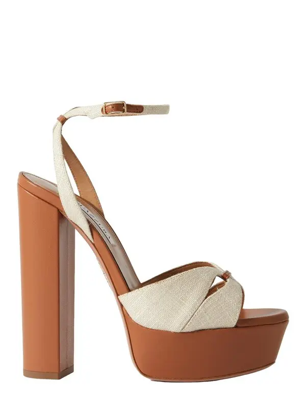 AQUAZZURA Villette 140 Linen And Leather Platform Sandals - Neutrals