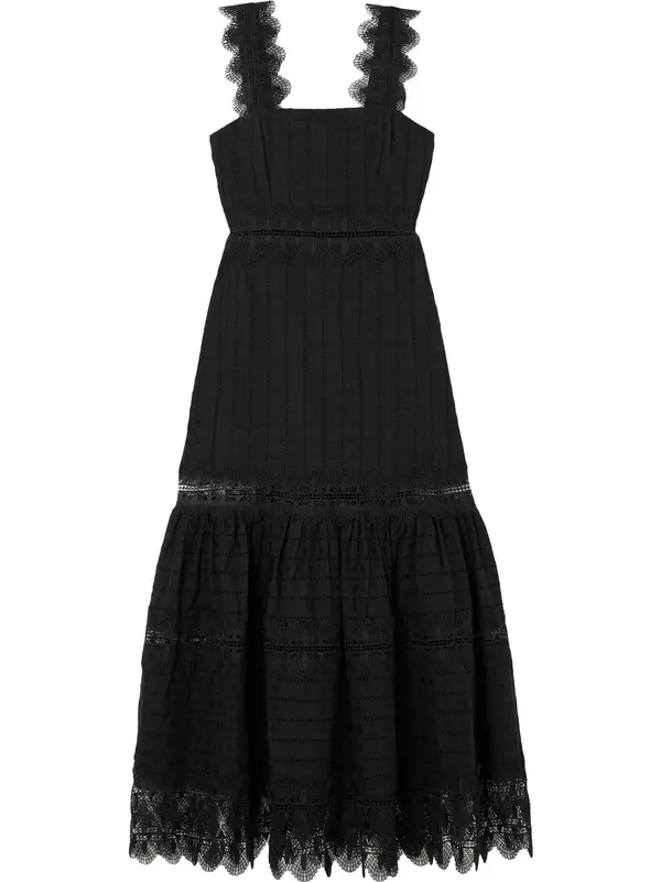 Waimari Ibiza Tiered Guipure Lace-trimmed Cotton Midi Dress - Black
