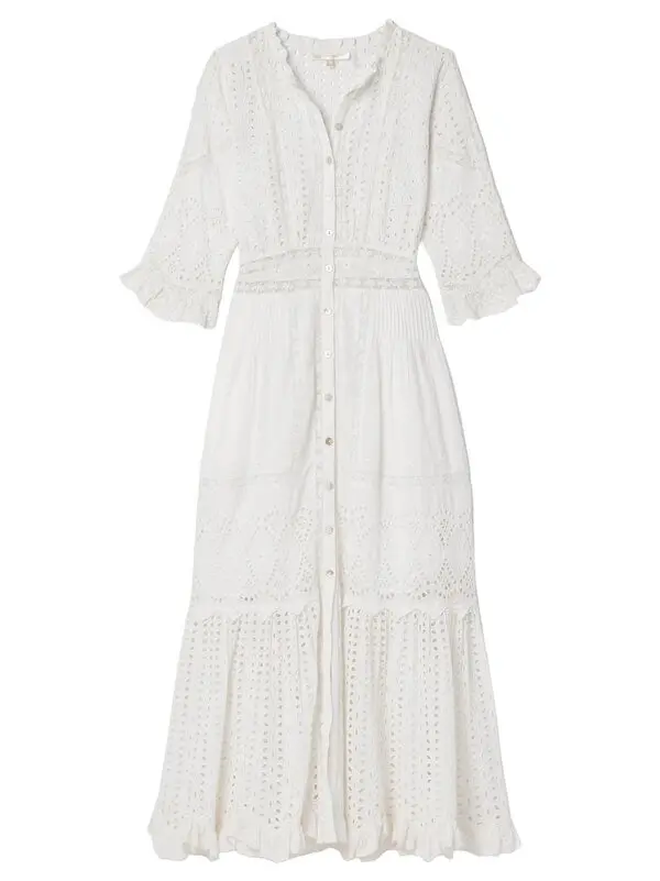 LoveShackFancy Botina Lace-trimmed Broderie Anglaise Cotton Midi Shirt Dress - Neutrals
