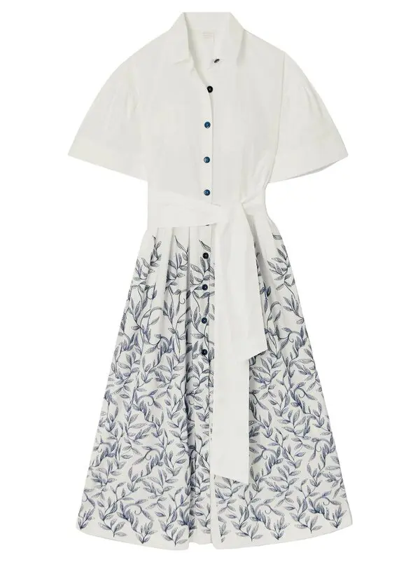 Loretta Caponi Zoe Belted Embroidered Cotton-poplin Midi Shirt Dress - Blue