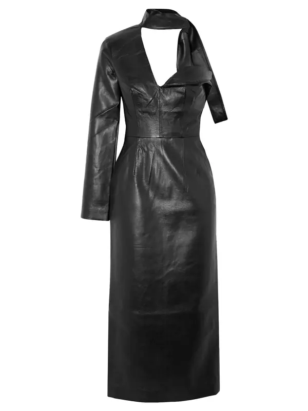 Matériel One-shoulder Faux Leather Midi Dress With Scarf Detail - Black