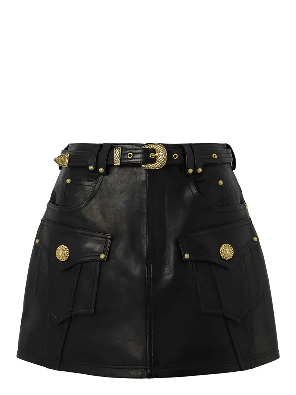 Balmain Belted Embellished Mini Leather Skirt - Black