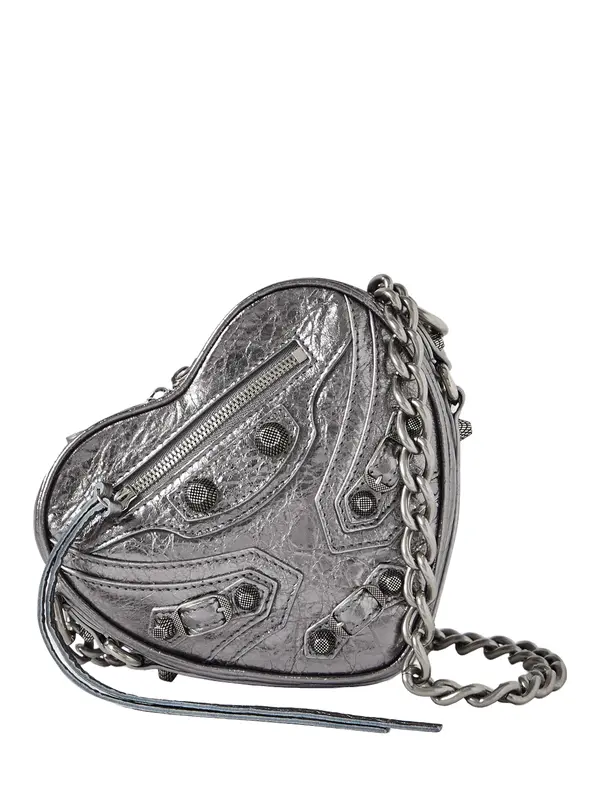Balenciaga Le Cagole Heart Mini Metallic Crinkled-leather Shoulder Bag - Silver
