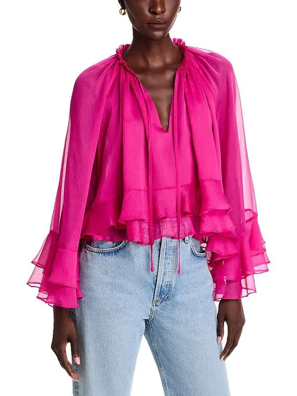 Aqua Ruffled Long Sleeve Blouse Exclusive - Pink