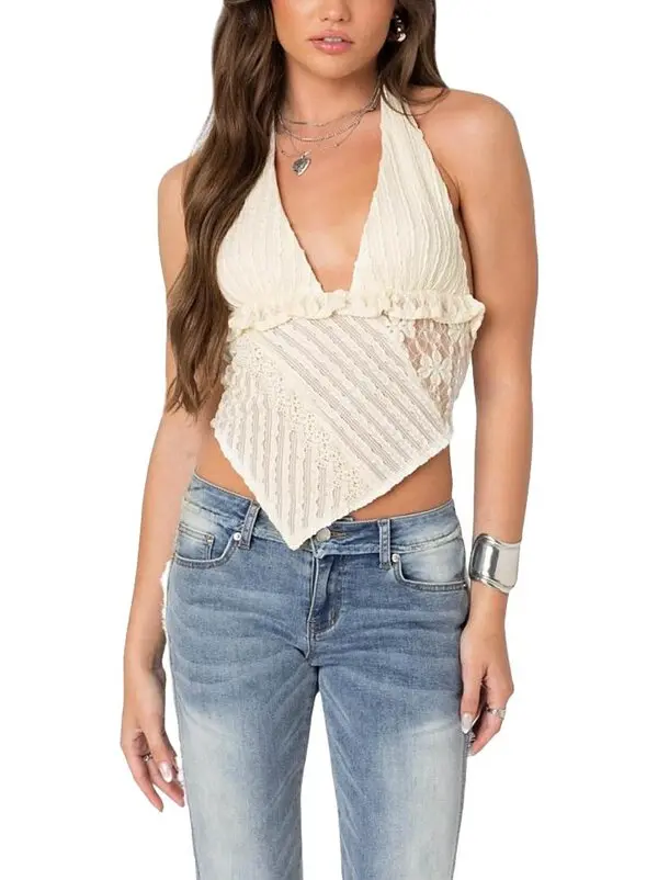 EDIKTED Quinta Lacey Asymmetric Halter Top - Cream