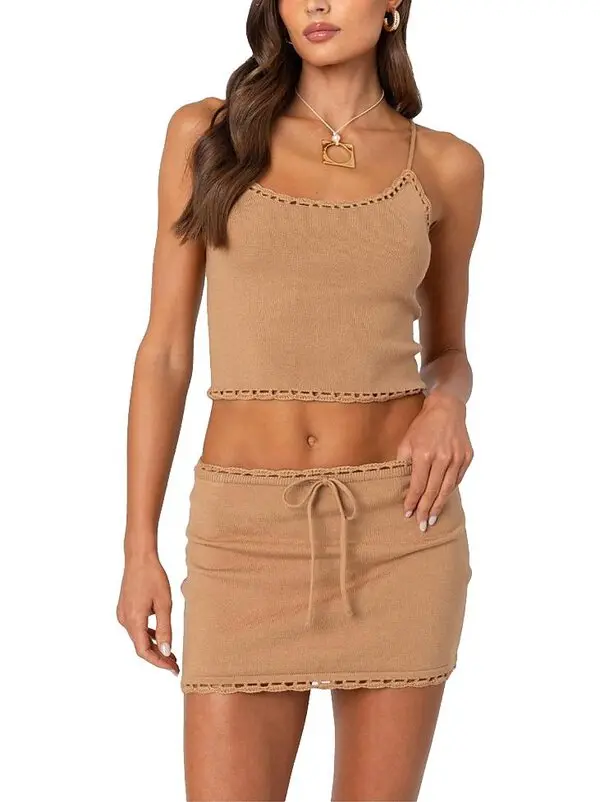 EDIKTED Crochet Trim Knit Tank Top - Mocha