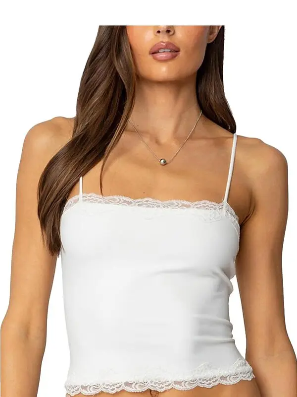 EDIKTED Cruella Lace Trim Tank Top - White
