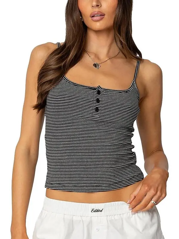 EDIKTED Striped Henley Tank Top - Black-and-white