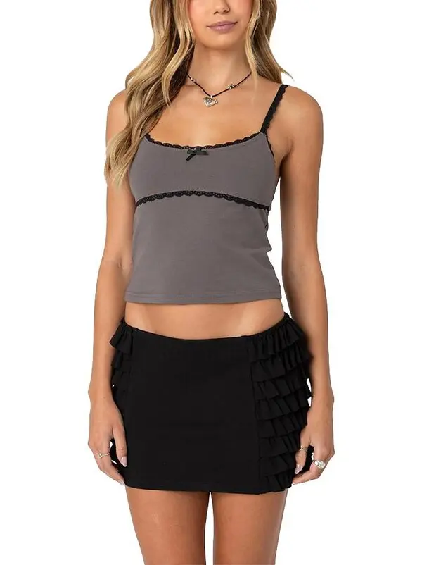 EDIKTED Elin Lace Trim Tank Top - Gray