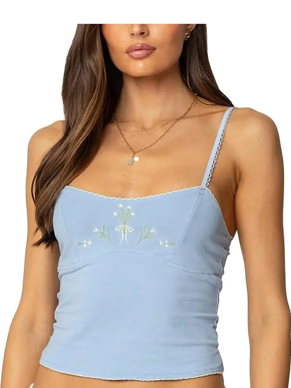 EDIKTED Prairie Embroidered Tank Top - Light-blue