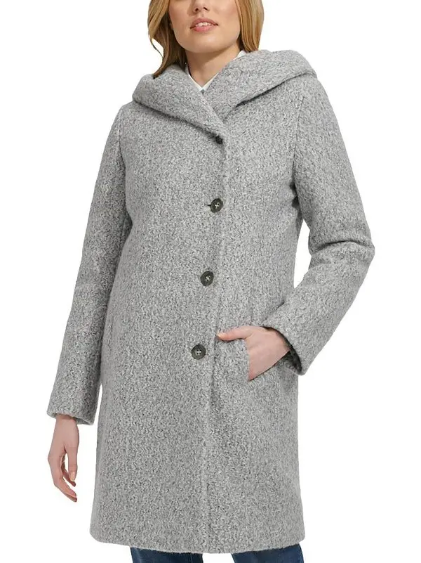 Cole Haan Hooded Boucle Coat - Light Grey