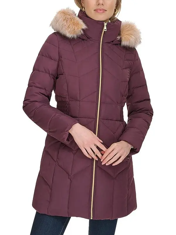 Cole Haan Hooded Faux Fur Trim Puffer Coat - Merlot