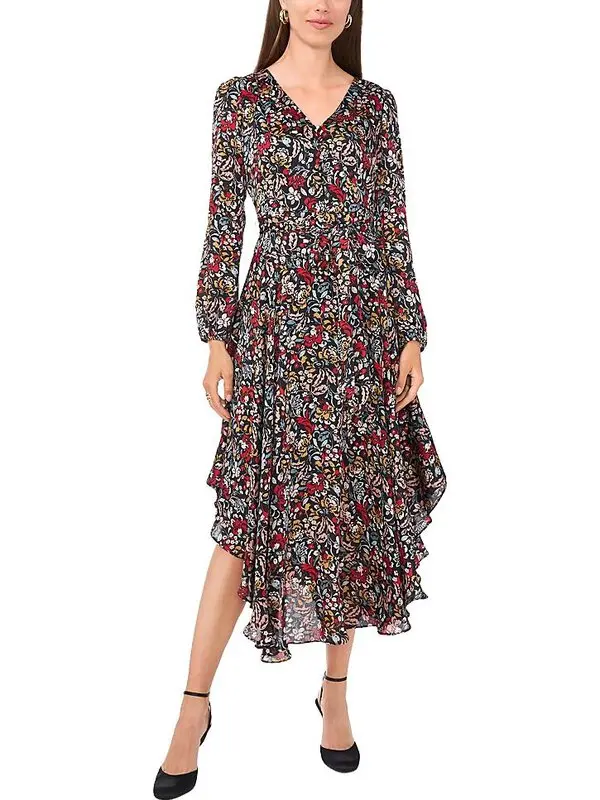 Vince Camuto Floral V-neck A-line Dress - Rich Black