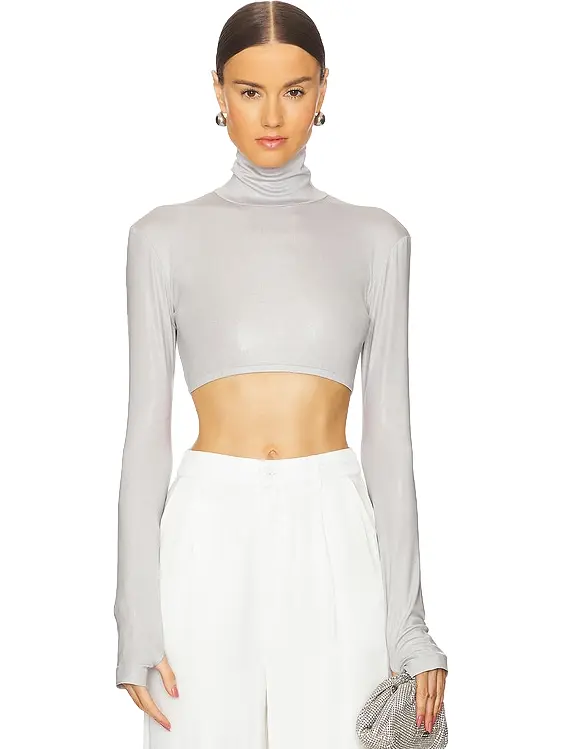 Norma Kamali Cropped Slim Fit Long Sleeve Turtleneck Top - Dove