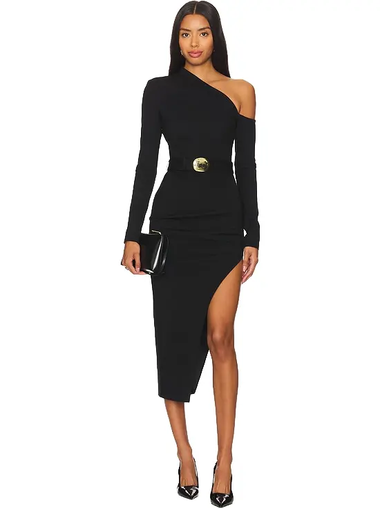 NICHOLAS Shiloh Asymmetrical Cold Shoulder Midi Dress - Black